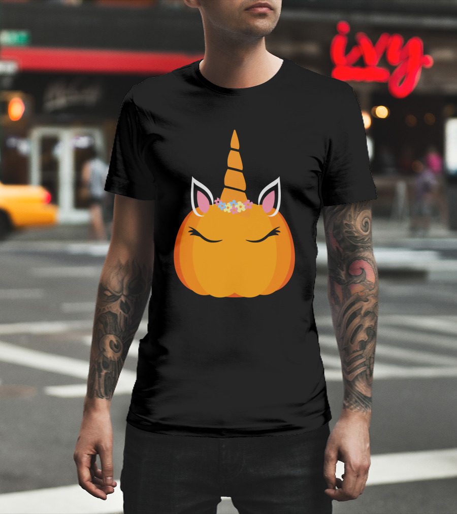 Unicorn Pumpkin With Floral Crown And Sleepy Eyes T-Shirt