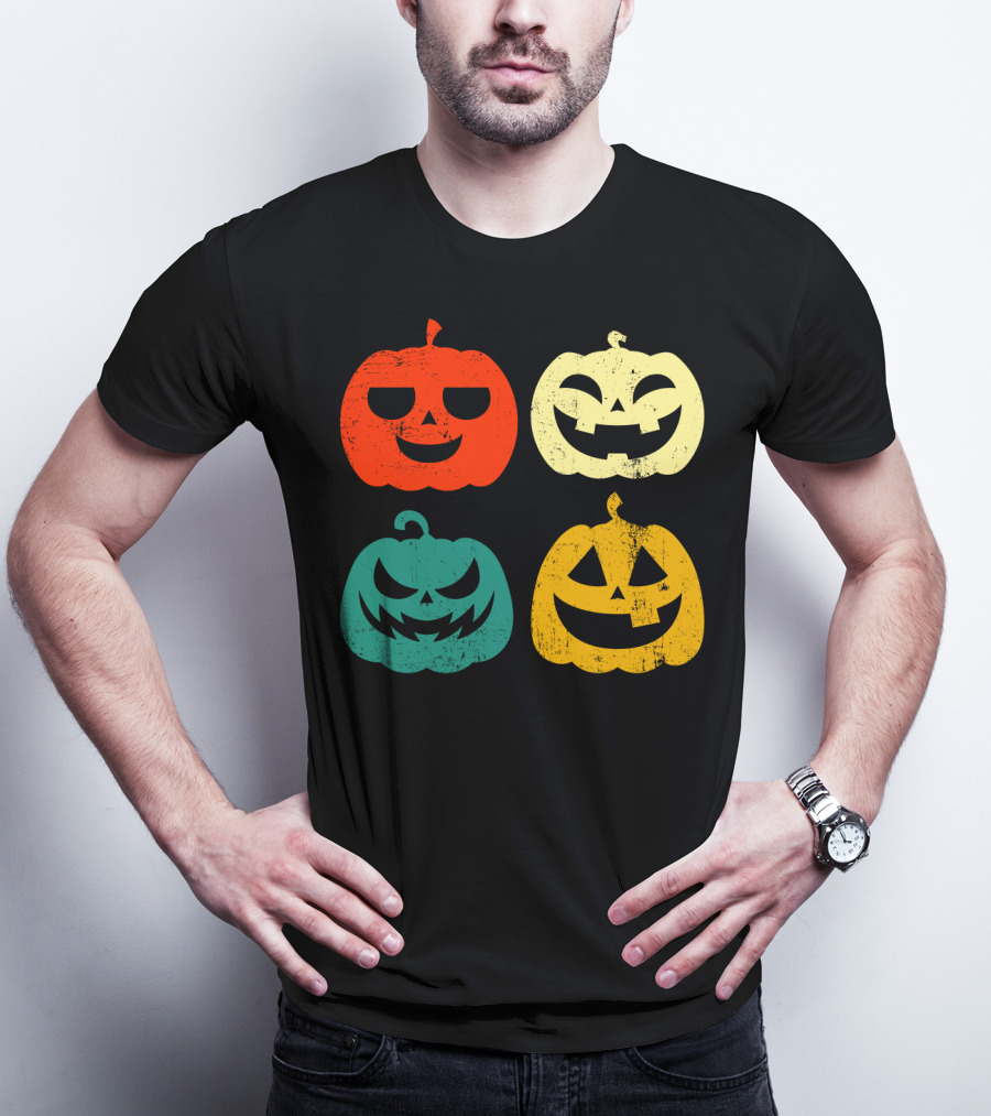 Retro Vintage Pumpkin Halloween Faces Quad Color Grid T-Shirt