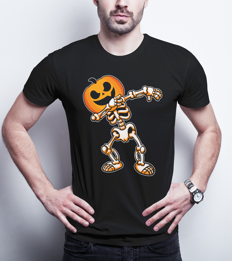 Dabbing Skeleton With Pumpkin Head Halloween Humor T-Shirt