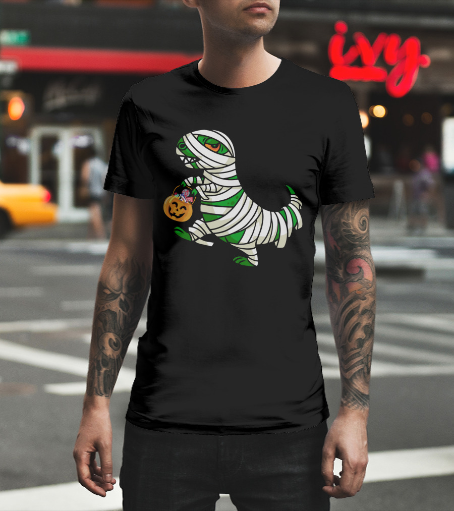 Mummy Dinosaur With Halloween Pumpkin And Candy Basket T-Shirt