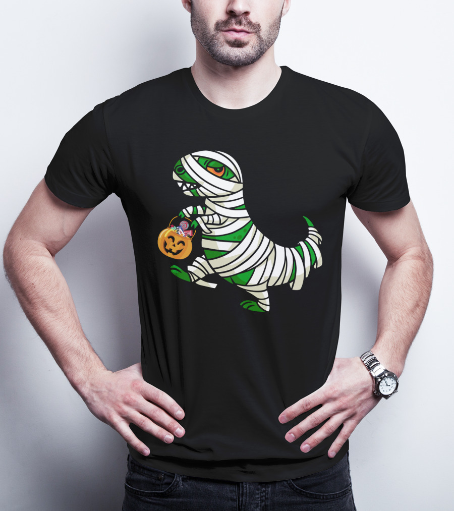 Mummy Dinosaur With Halloween Pumpkin And Candy Basket T-Shirt