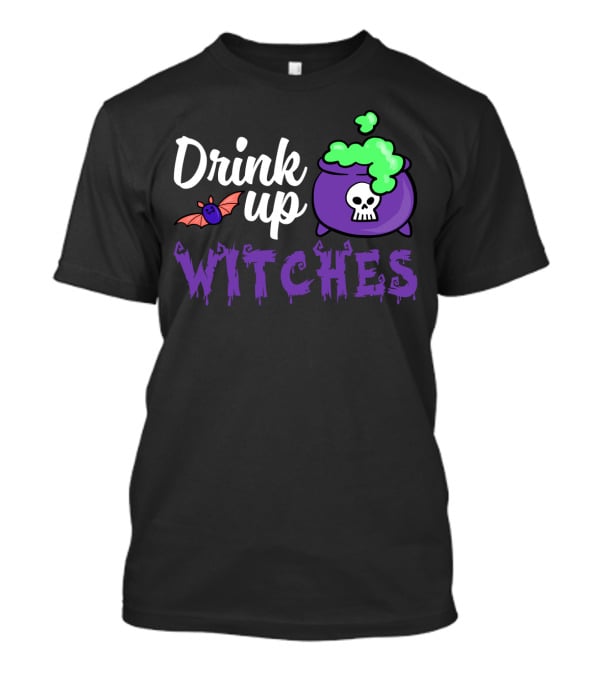 Drink Up Witches Purple Cauldron With Skull And Bat Elements T-Shirt