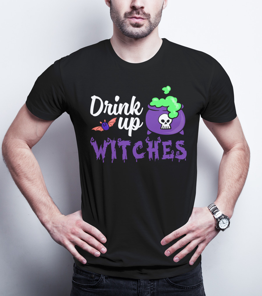 Drink Up Witches Purple Cauldron With Skull And Bat Elements T-Shirt