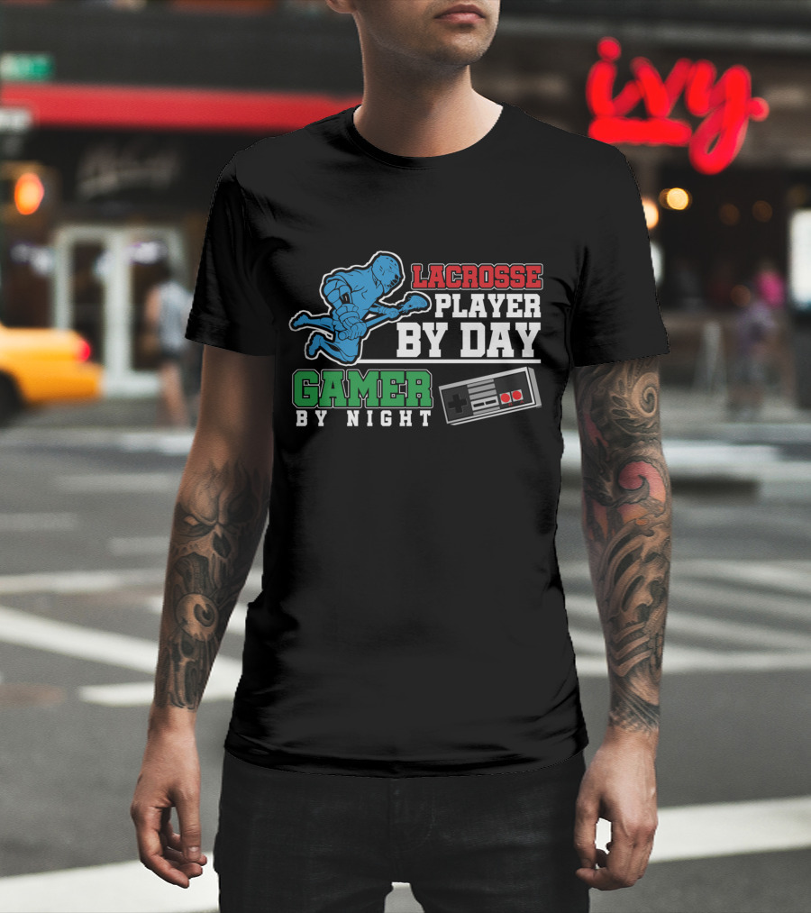 Lacrosse Player By Day Gamer By Night Retro Controller T-Shirt