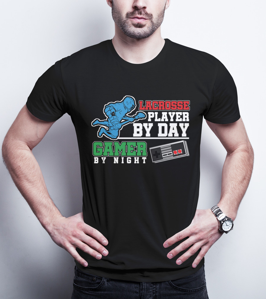 Lacrosse Player By Day Gamer By Night Retro Controller T-Shirt