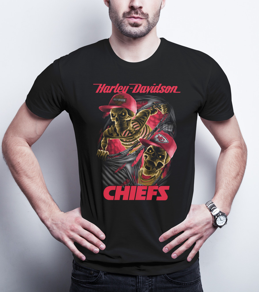 Harley Davidson Chiefs Skeletons In Kansas City Chiefs Hats T-Shirt