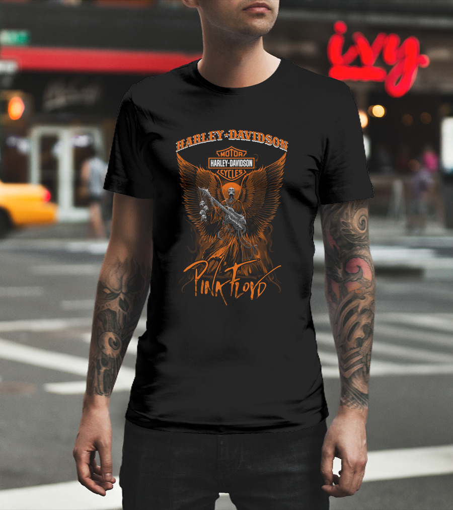 Harley Davidson Motor Cycles Pink Floyd Angel Wings Orange T-Shirt