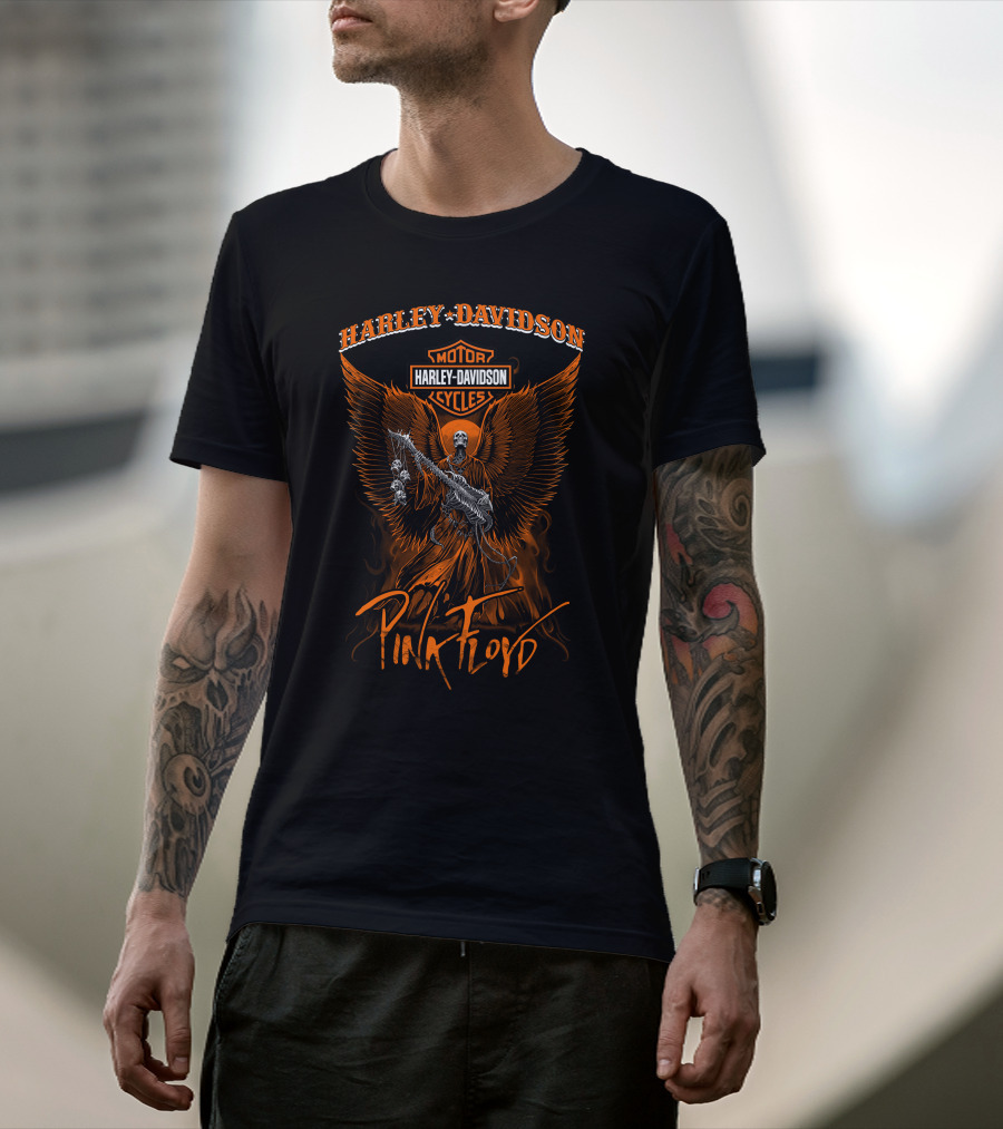Harley Davidson Motor Cycles Pink Floyd Angel Wings Orange T-Shirt
