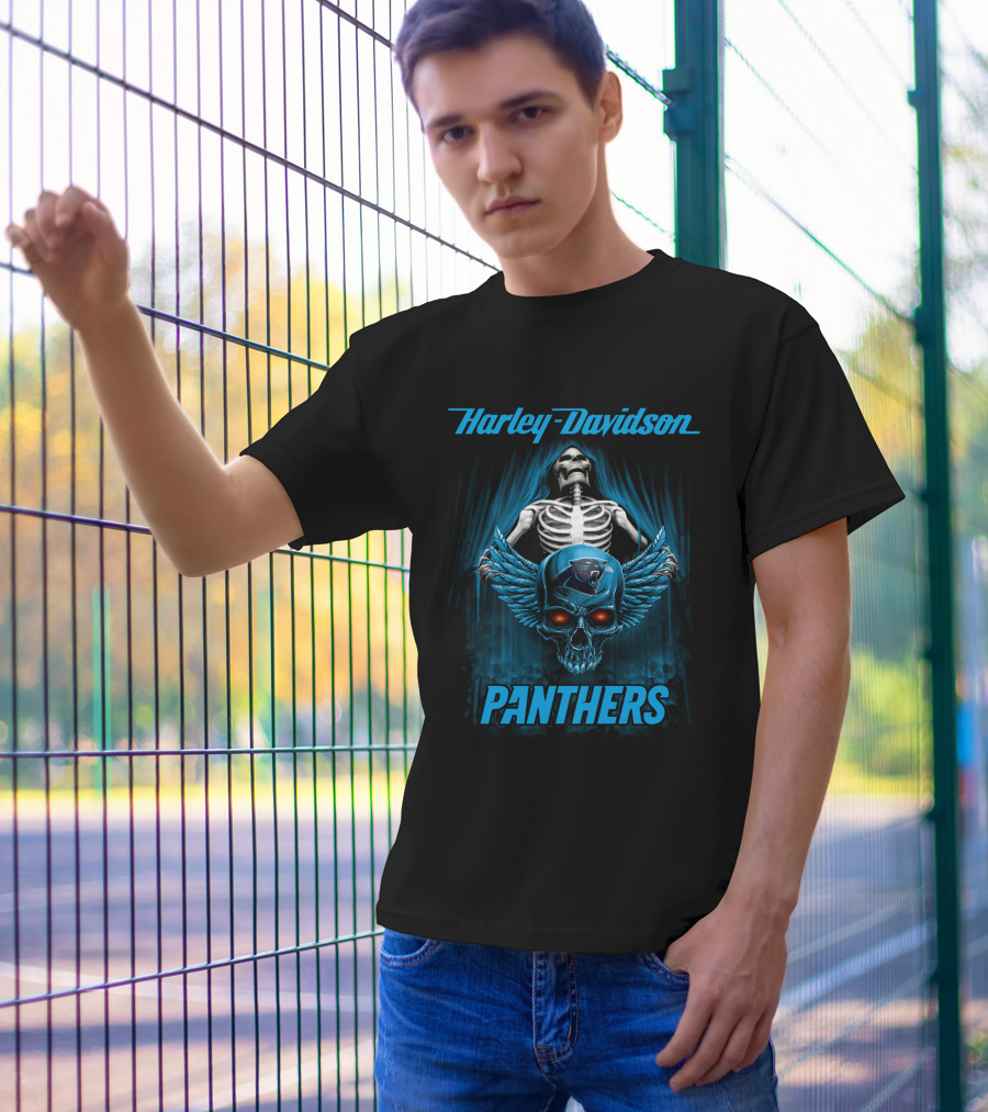 Harley Davidson Panthers Carolina Panthers Nfl Skull Wings Skeleton T-Shirt