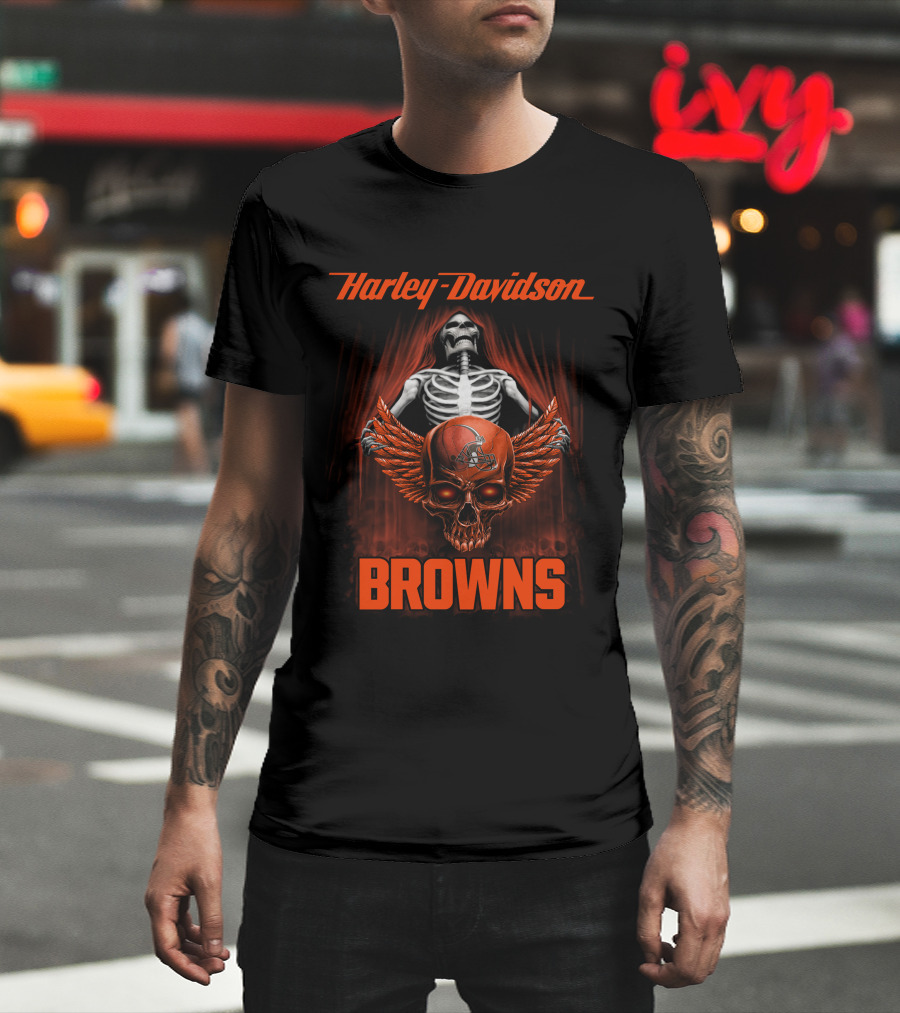 Harley Davidson Cleveland Browns Skull Wings T-Shirt