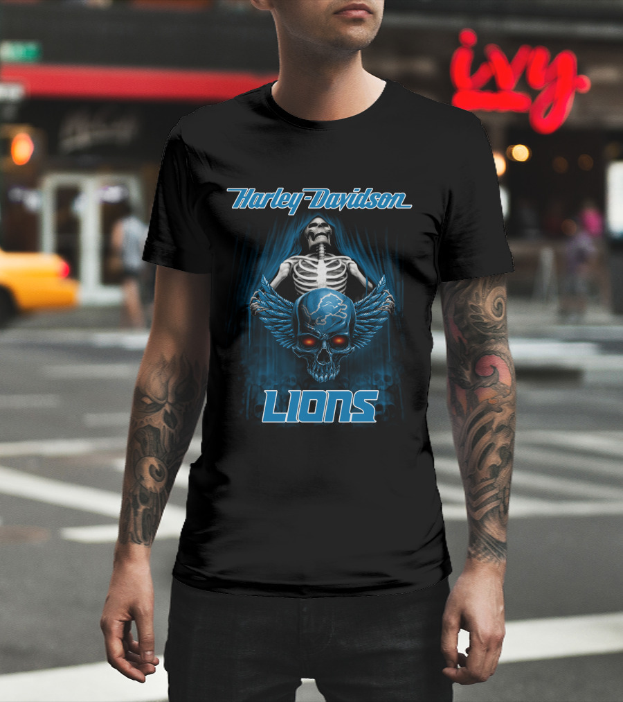 Harley Davidson Lions Skeleton And Winged Skull Detroit T-Shirt