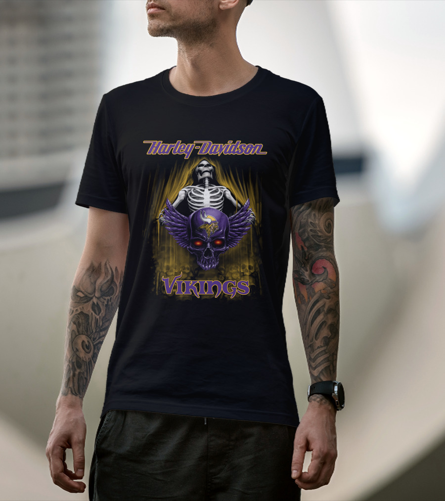 Harley Davidson Skeleton With Minnesota Vikings Skull Hdnfl 0610 T-Shirt