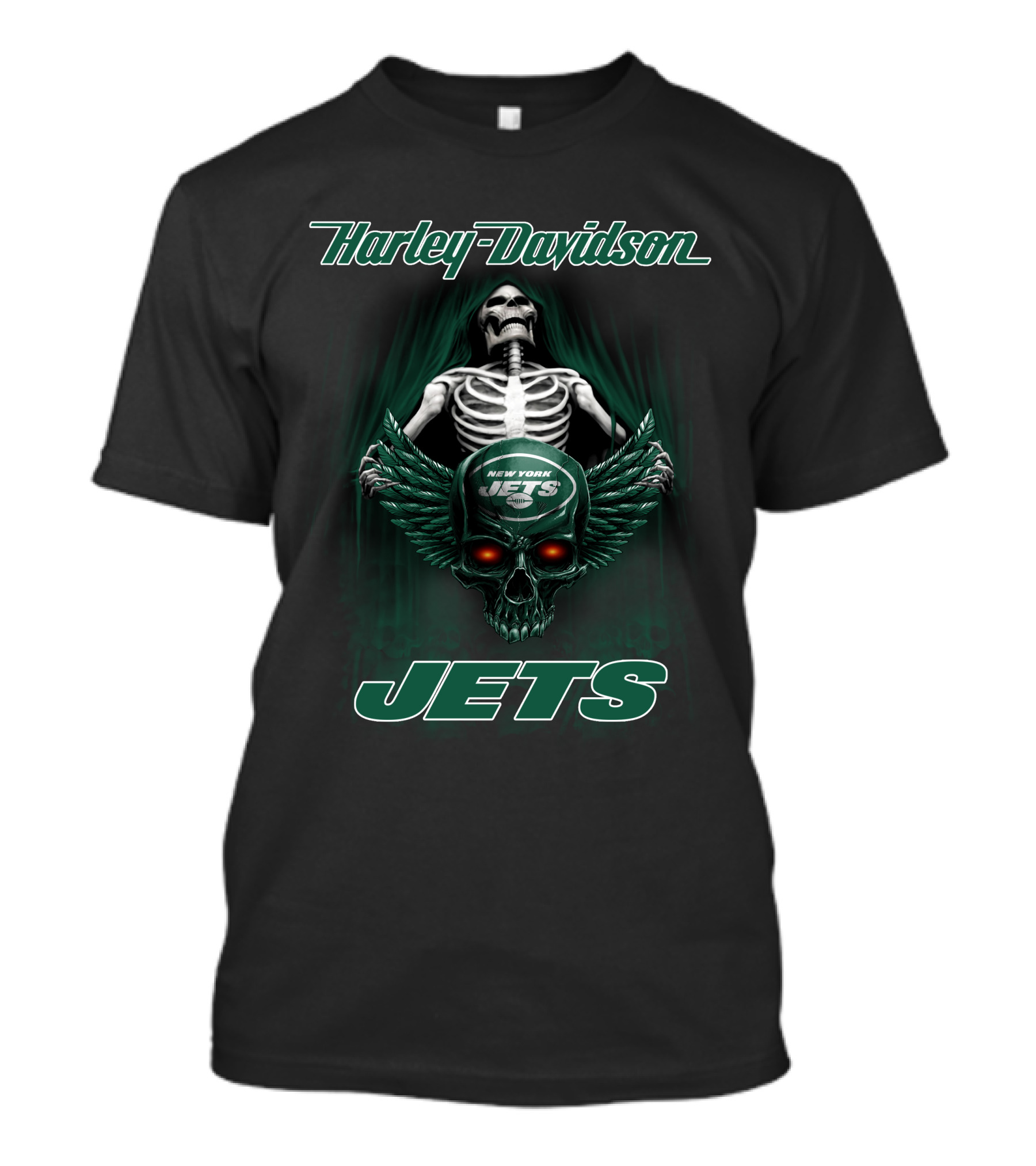 Harley Davidson New York Jets Skeleton Winged Skull T-Shirt