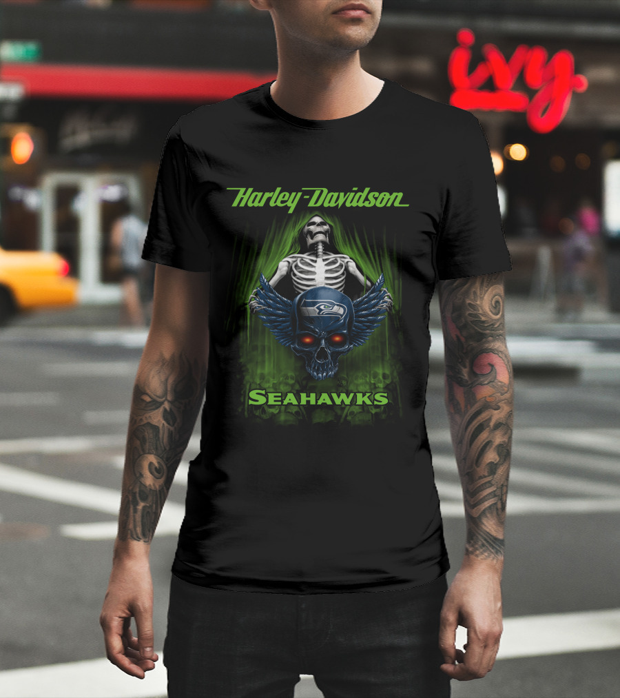 Harley Davidson Seattle Seahawks Skeleton Skull T-Shirt