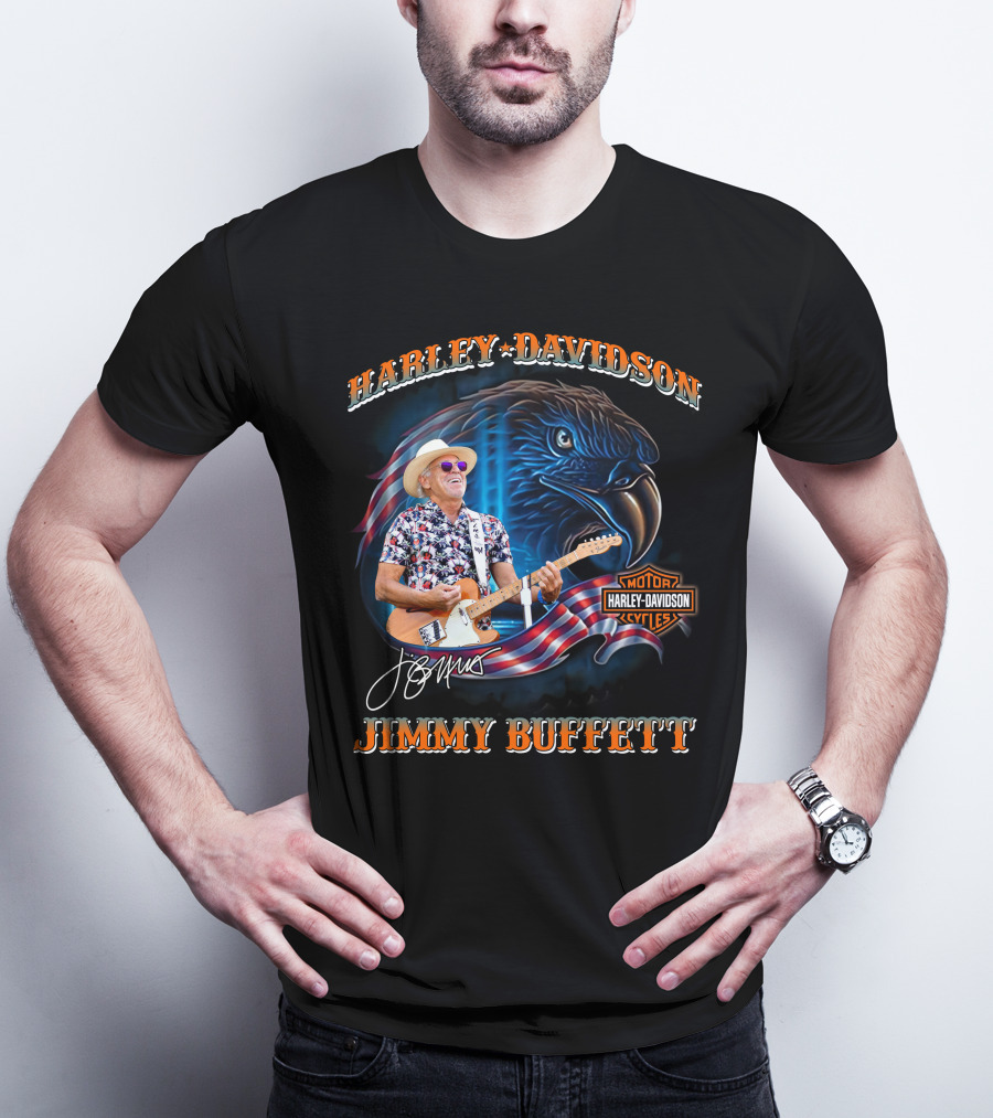 Harley Davidson Jimmy Buffett American Flag Eagle Guitar T-Shirt