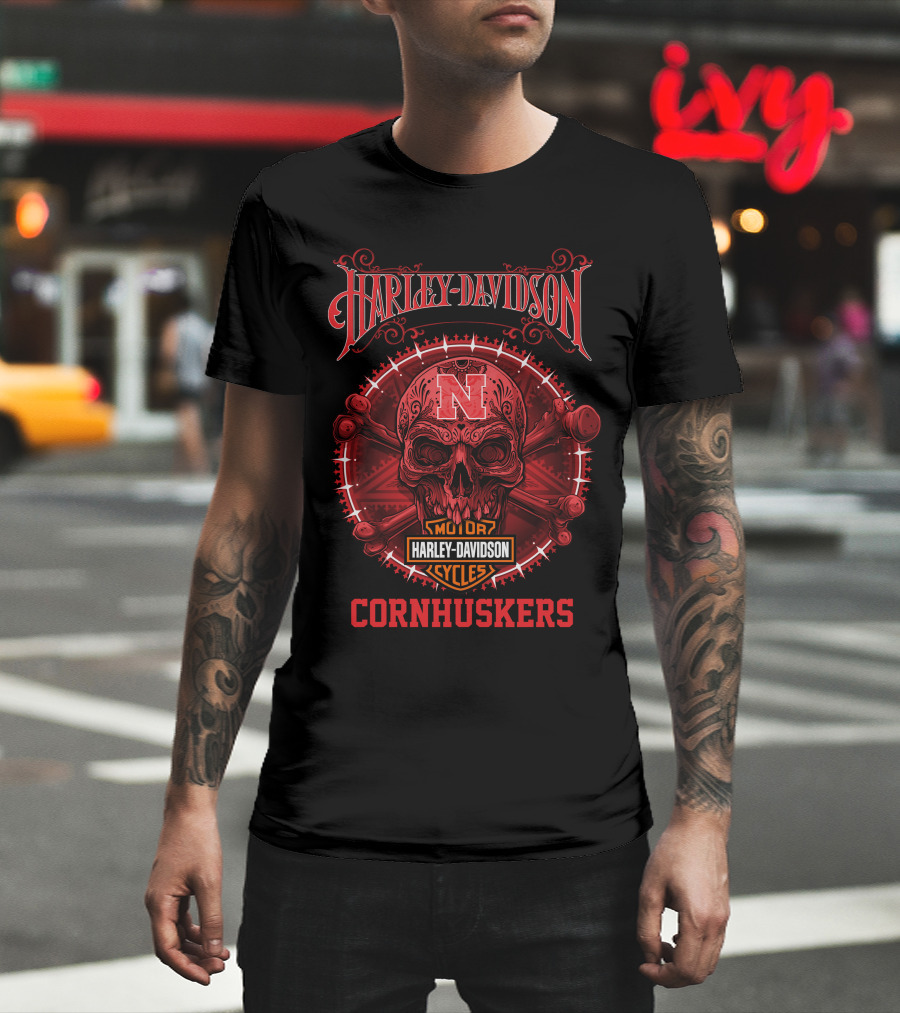 Harley Davidson Nebraska Cornhuskers Skull Motor Cycles T-Shirt