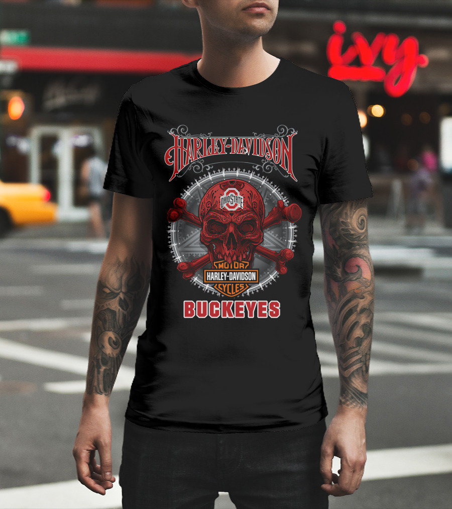 Harley Davidson Ohio State Buckeyes Skull Motor Cycles T-Shirt