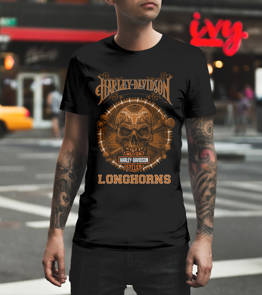 Harley Davidson Longhorns Skull Design Motor Cycles T-Shirt