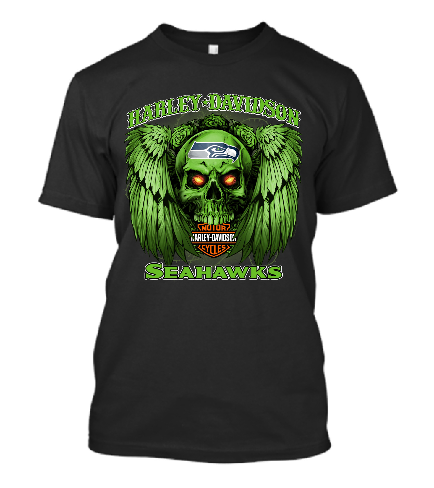 Harley Davidson Motor Cycles Seattle Seahawks Skull Wings T-Shirt