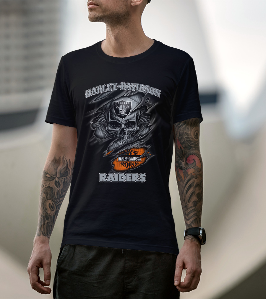 Harley Davidson Raiders Skull Graphic With Motor Cycles Logo Nfl 12.30 Las Vegas Raiders T-Shirt