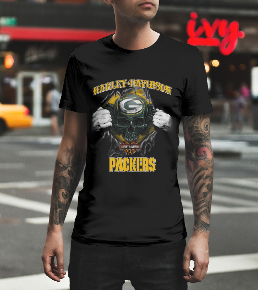 Harley Davidson Green Bay Packers Skull Cycles T-Shirt