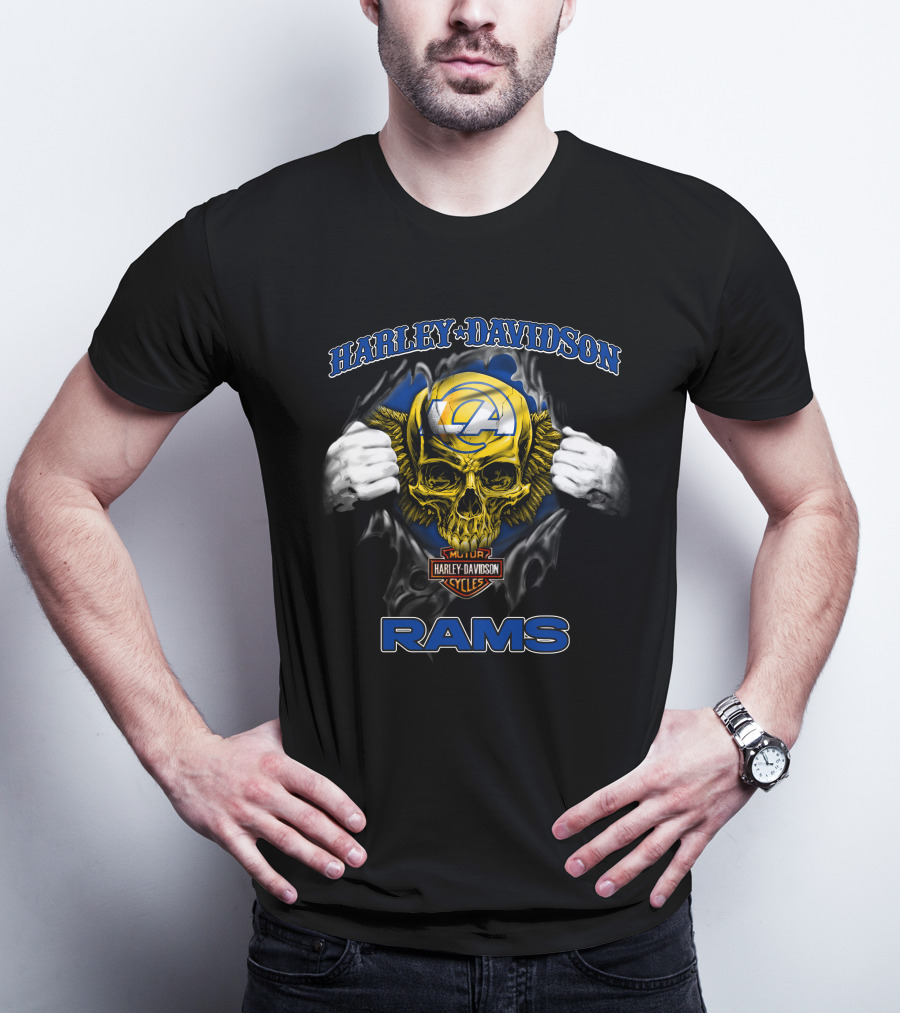 Harley Davidson Nfl Skull Los Angeles Rams Motorcycle Cycles T-Shirt