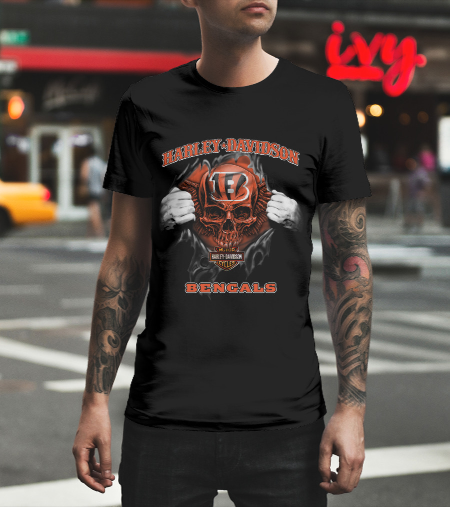 Harley Davidson Nfl Skull Cincinnati Bengals Motorcycles T-Shirt