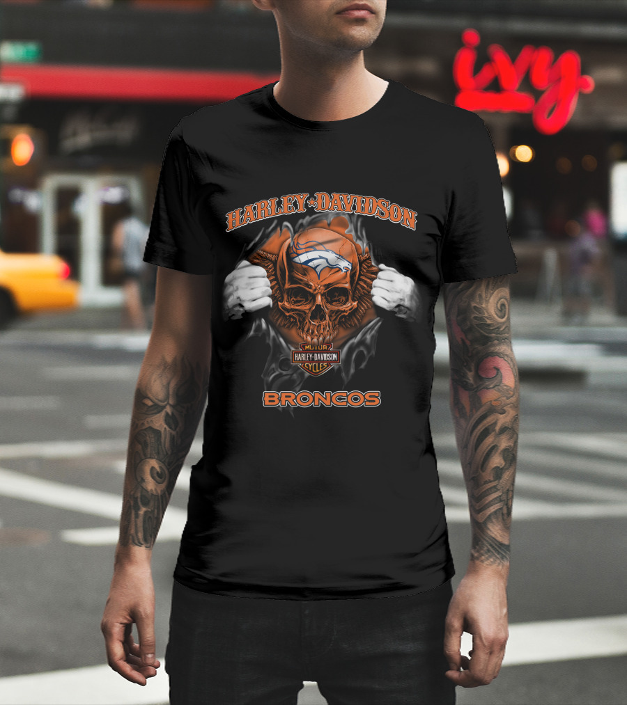 Harley Davidson Skull Denver Broncos Nfl Cycles T-Shirt