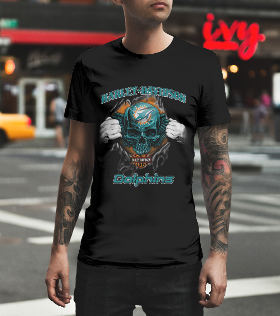 Harley Davidson Miami Dolphins Skull Nfl Cycles T-Shirt