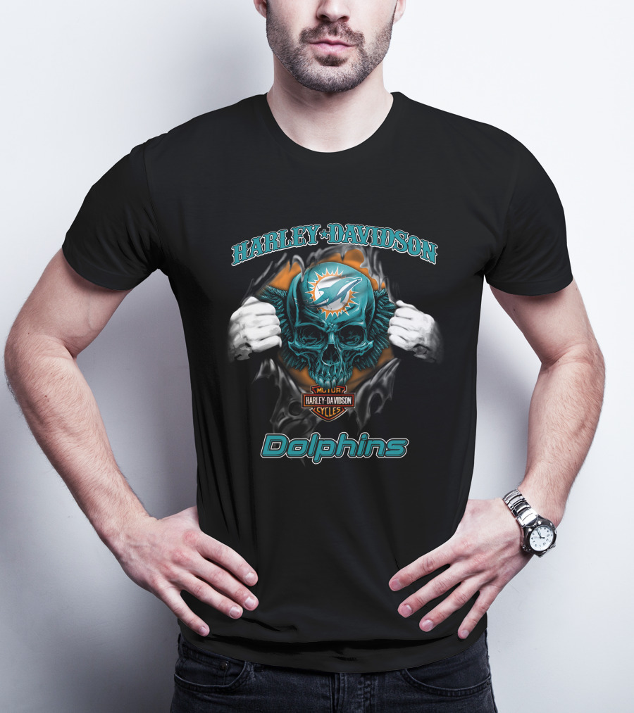 Harley Davidson Miami Dolphins Skull Nfl Cycles T-Shirt