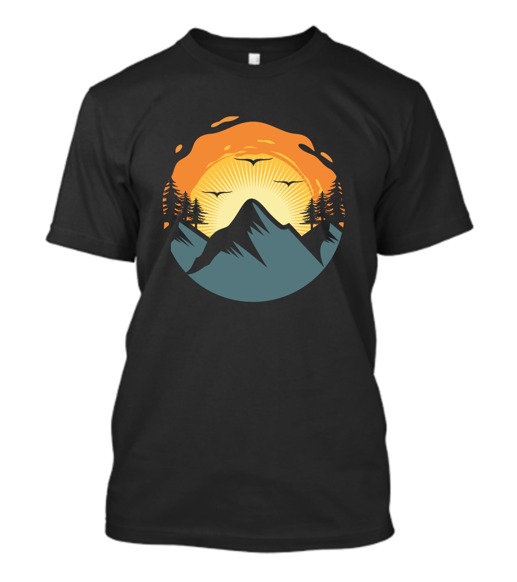 Sunrise Over Mountain Silhouette With Trees And Birds T-Shirt