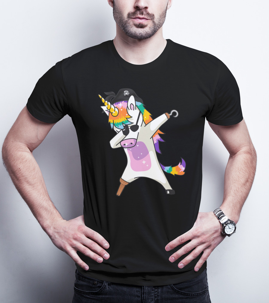 Dabbing Unicorn Pirate With Rainbow Mane Wearing Eyepatch And Pirate Hat T-Shirt