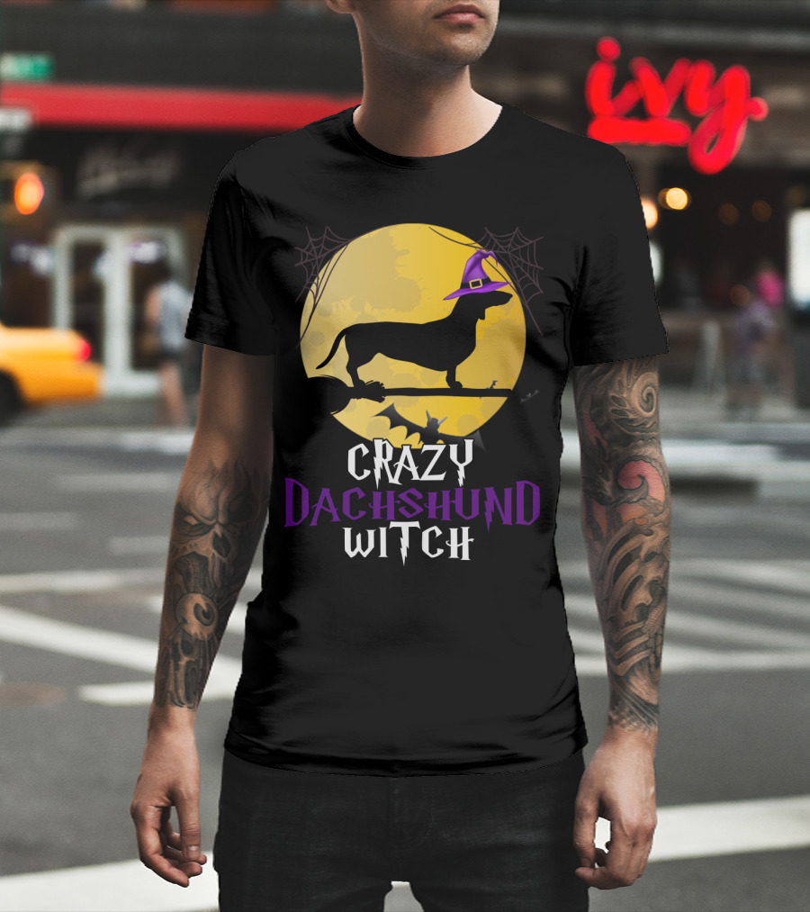 Crazy Dachshund Witch Dog Halloween Moon Silhouette With Broomstick And Purple Hat T-Shirt