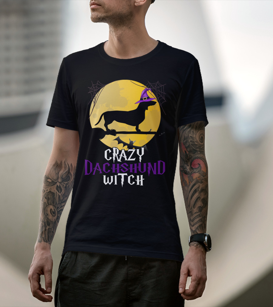 Crazy Dachshund Witch Dog Halloween Moon Silhouette With Broomstick And Purple Hat T-Shirt