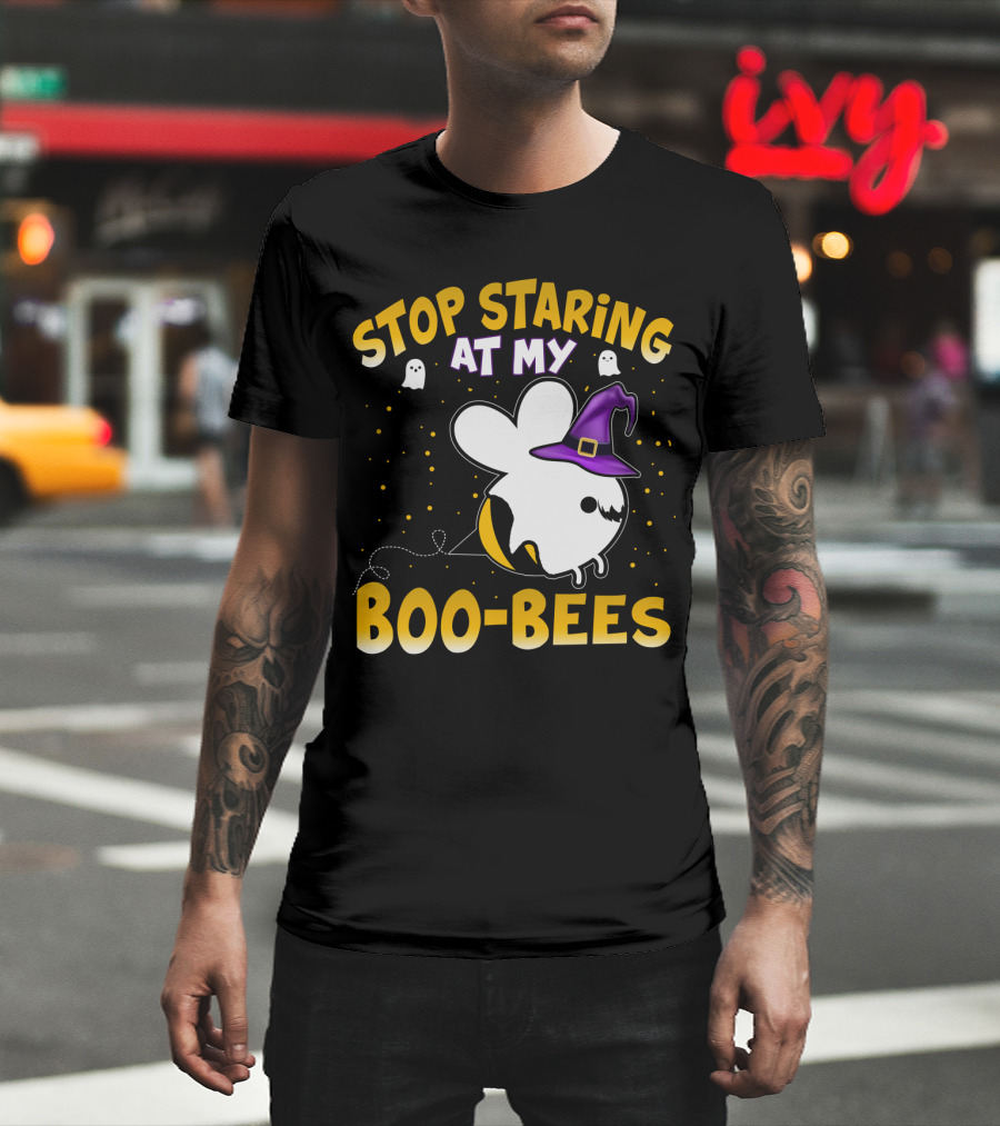 Stop Staring At My Boo Bees Halloween Ghost Bees With Witch Hat And Yellow Dots T-Shirt