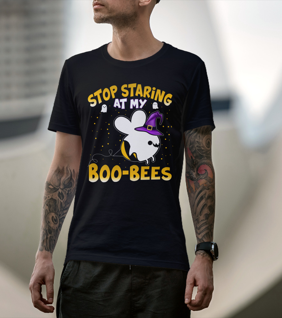 Stop Staring At My Boo Bees Halloween Ghost Bees With Witch Hat And Yellow Dots T-Shirt