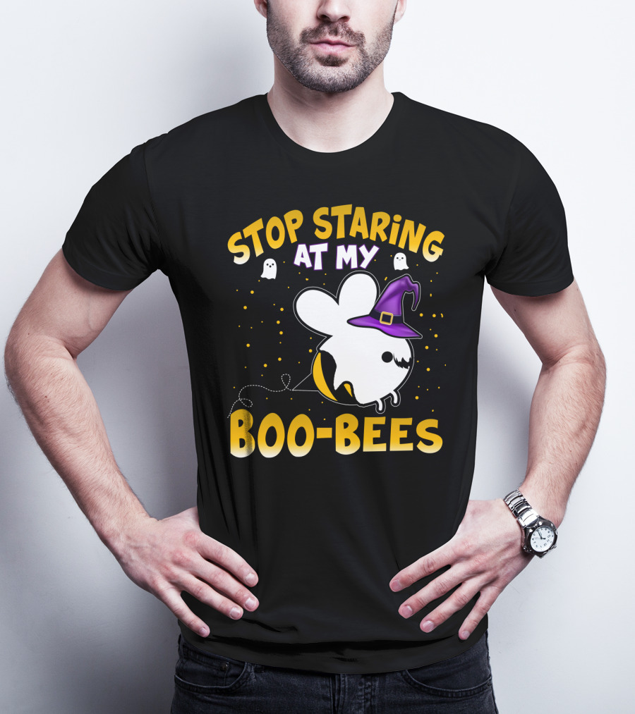 Stop Staring At My Boo Bees Halloween Ghost Bees With Witch Hat And Yellow Dots T-Shirt