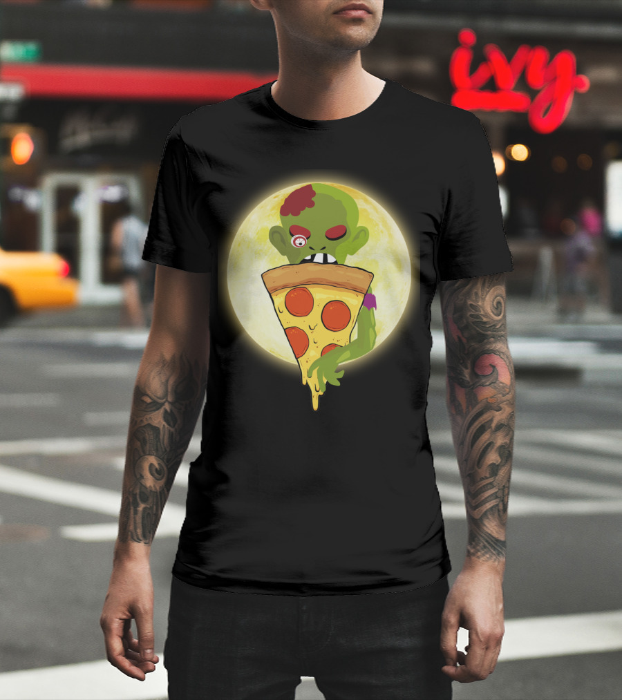 Zombie Eating Pepperoni Pizza Under Full Moon T-Shirt