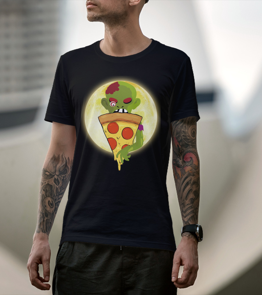 Zombie Eating Pepperoni Pizza Under Full Moon T-Shirt
