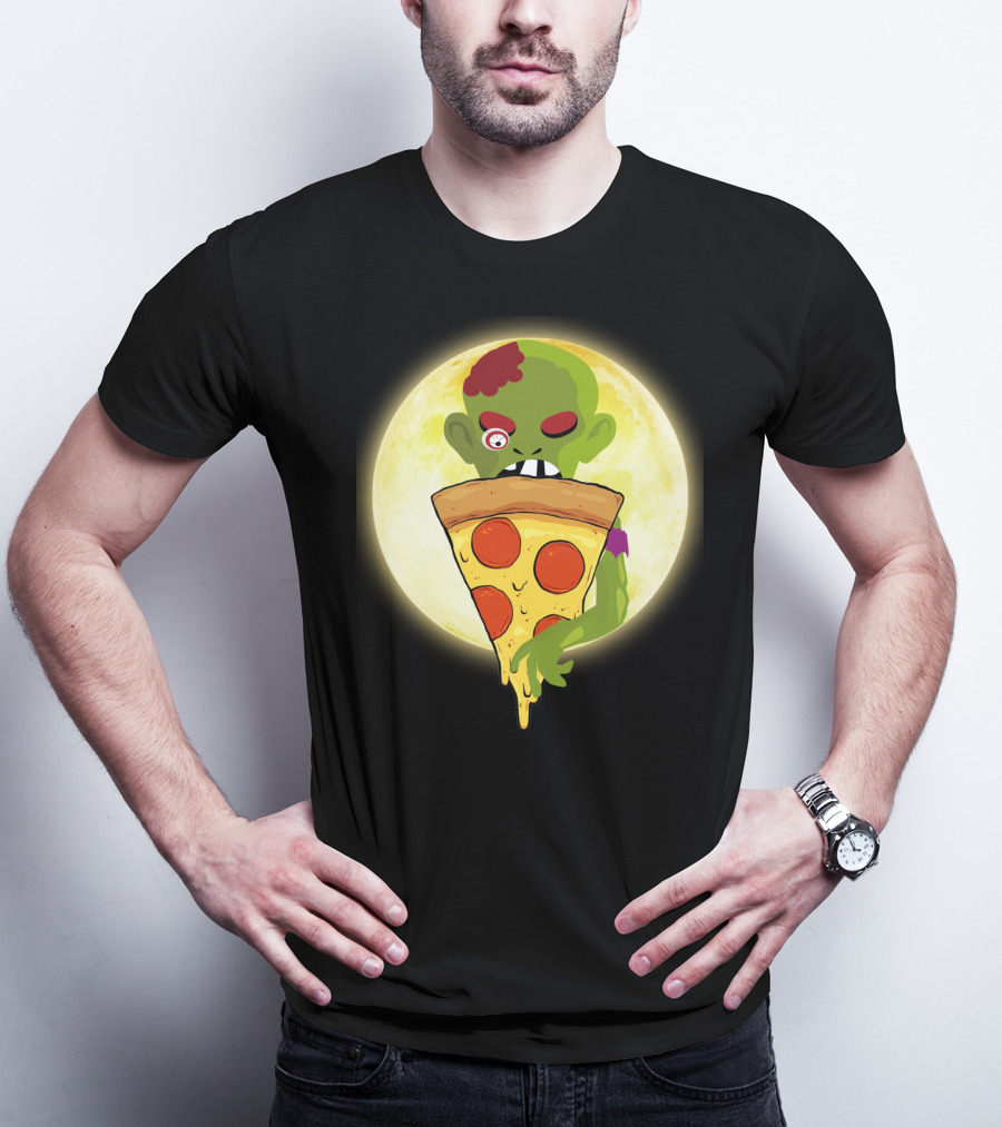Zombie Eating Pepperoni Pizza Under Full Moon T-Shirt