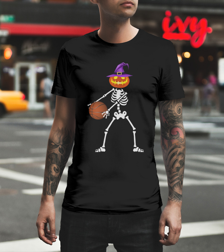 Skeleton Pumpkin Witch Basketball Flossing Dance Halloween Costume T-Shirt