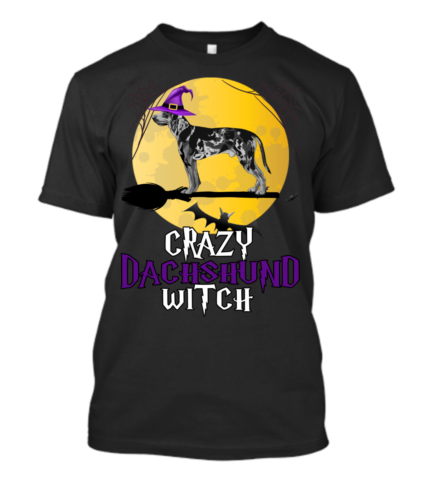 Crazy Dachshund Witch Dog With Purple Hat And Broom Halloween T-Shirt