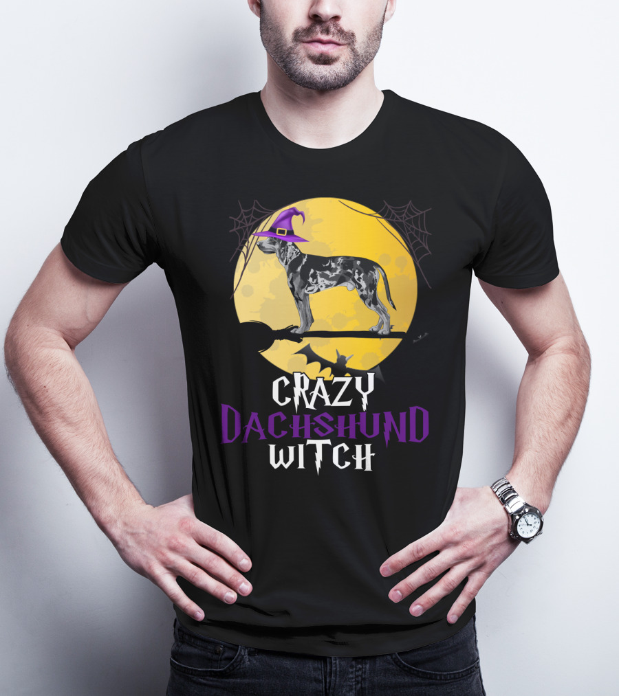 Crazy Dachshund Witch Dog With Purple Hat And Broom Halloween T-Shirt