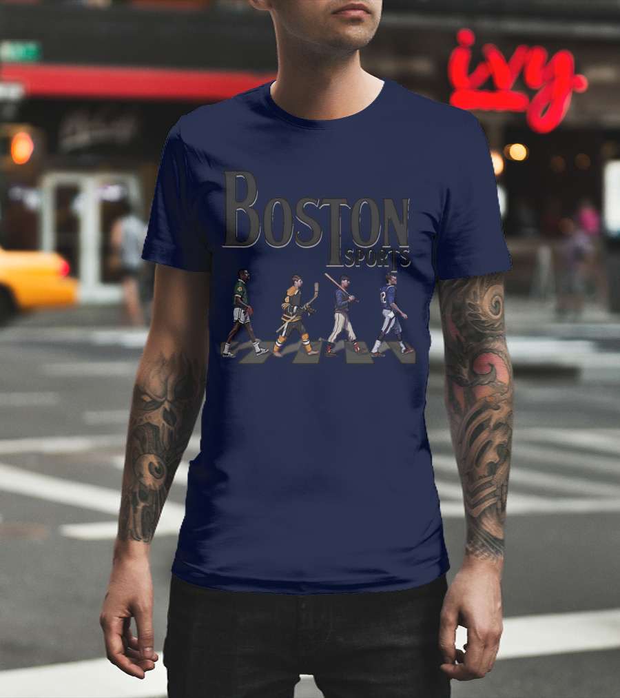 Boston Sports Evolution Inspired By Iconic Athletes In Green Basketball, Yellow Hockey, Baseball, And Blue Football Jerseys T-Shirt