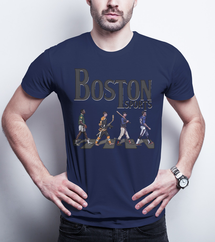 Boston Sports Evolution Inspired By Iconic Athletes In Green Basketball, Yellow Hockey, Baseball, And Blue Football Jerseys T-Shirt