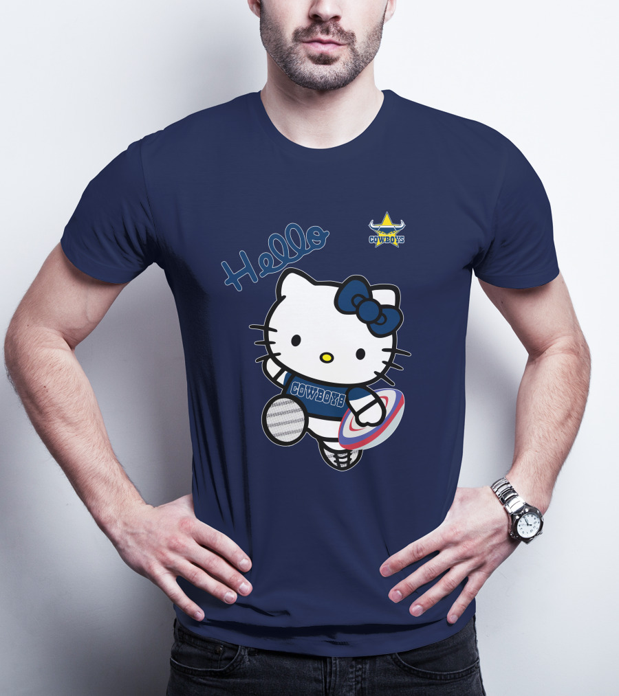Hello Kitty North Queensland Cowboys Crossover With Rugby Ball T-Shirt