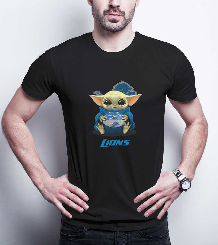Detroit Lions Baby Yoda Holding Football With Lions T-Shirt