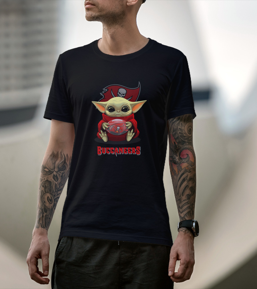 Buccaneers Baby Yoda Holding Tampa Bay Football Helmet T-Shirt