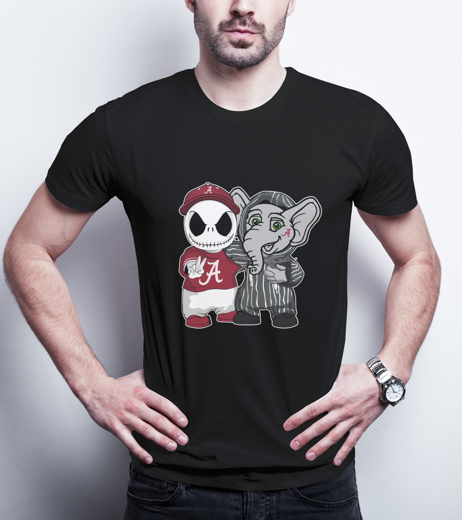 Alabama Crimson Tide Jack Skellington With Elephant In Striped T-Shirt