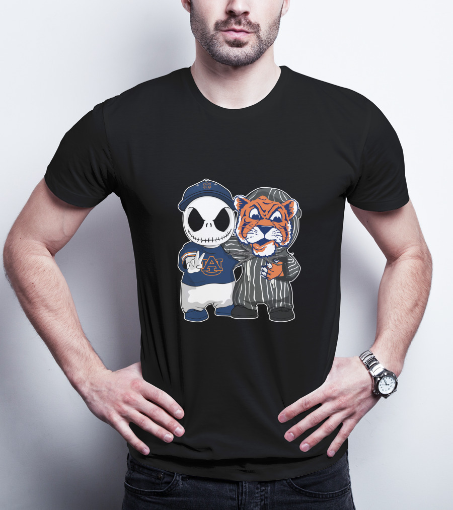 Auburn Tigers Jack Skellington And Tiger Mascot Crossover T-Shirt